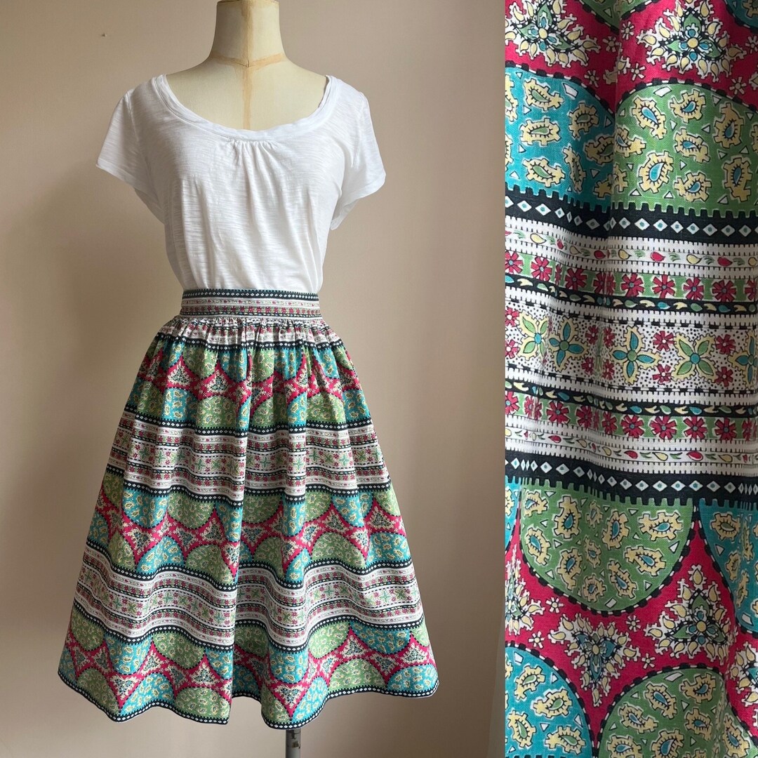 1950s Frida Skirt | Floral Striped Cotton Paisley Boteh High Waisted ...
