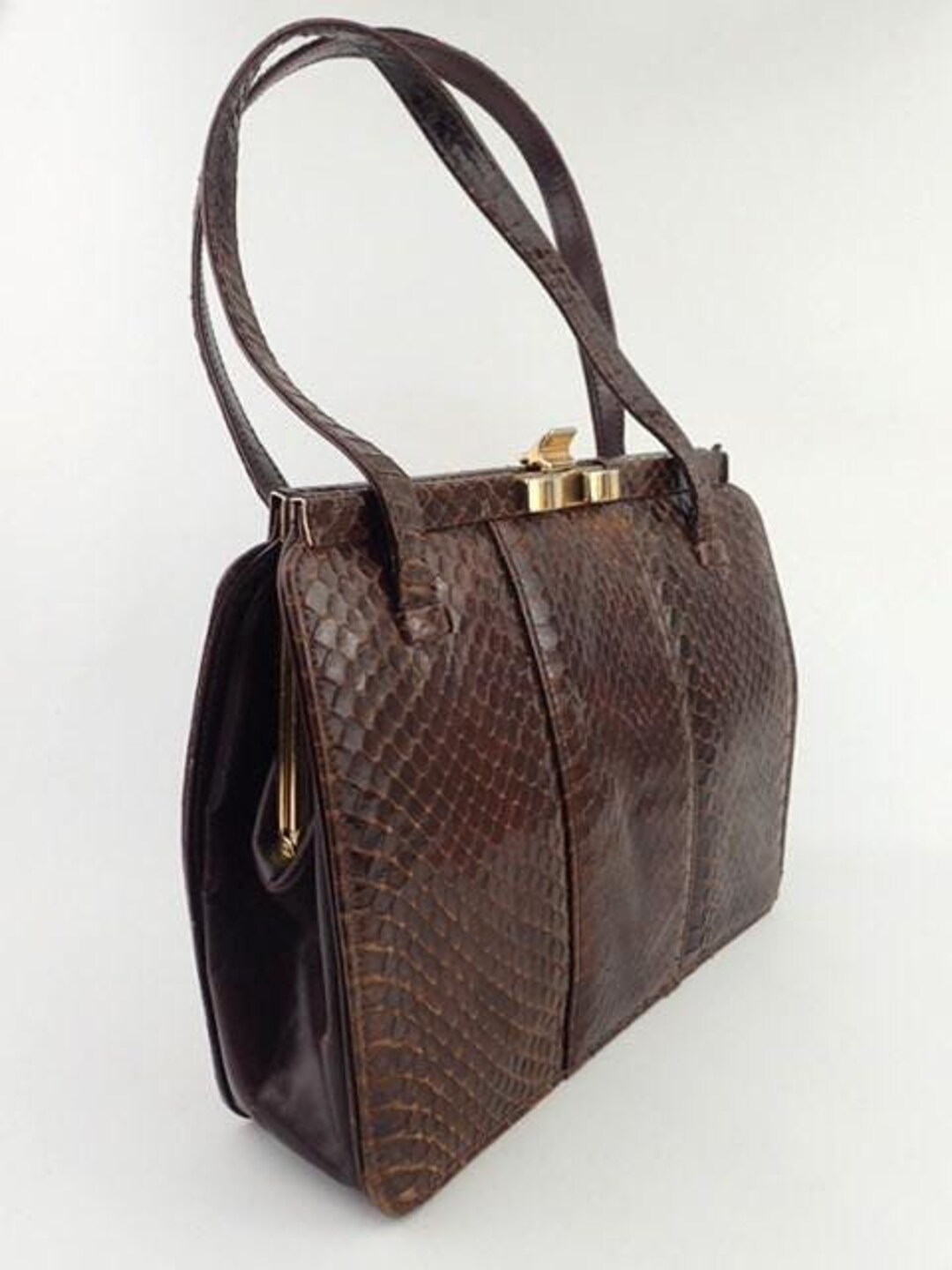 1950s 1960s Handbag Brown Snakeskin Top Handle Purse Evening Bag ...