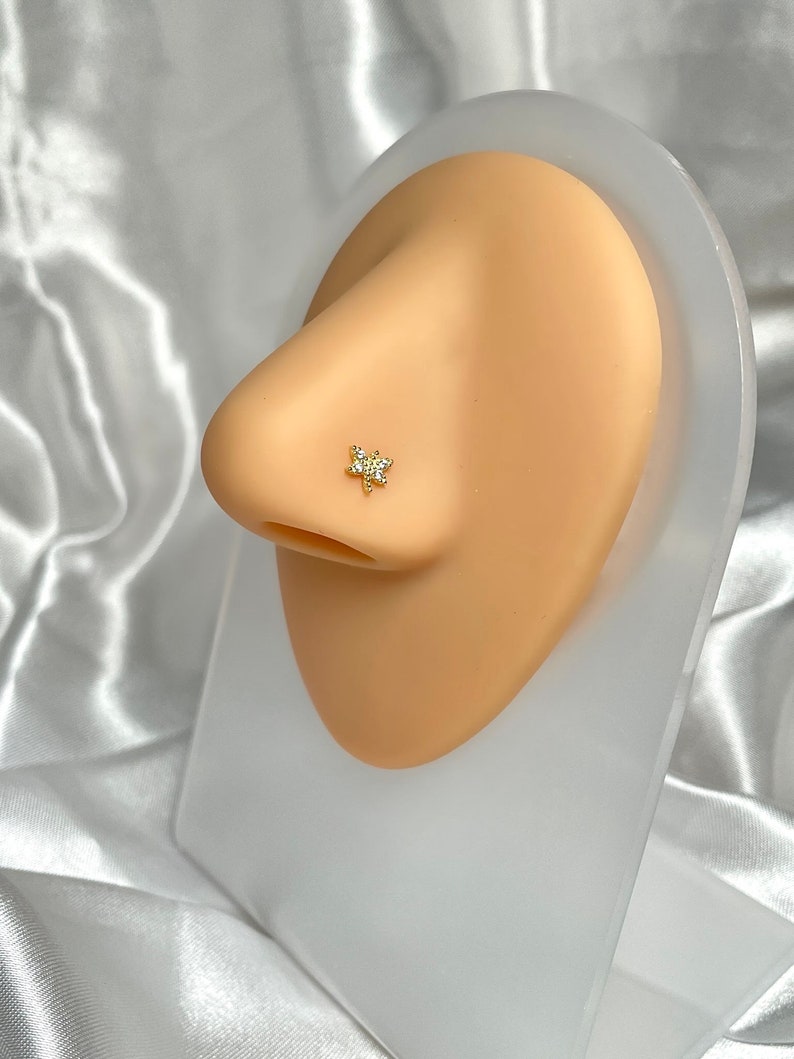 Sterling Silver Gold Hanging Nose Stud 14K Gold Plated Small Nose Stud ...