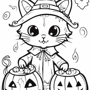 4 Happy Halloween Kittens Coloring Book Page Images for Kids, Students ...