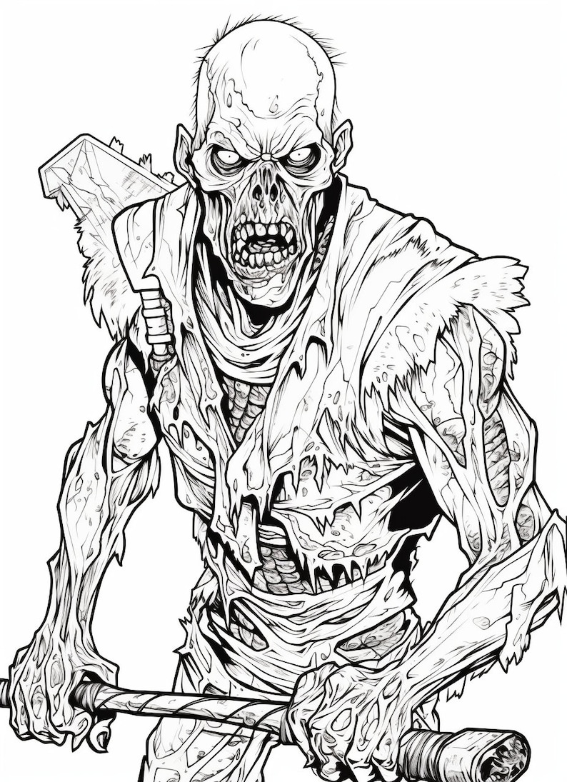 Halloween Scary Zombie Coloring Book Page Image for Adults. Black and ...
