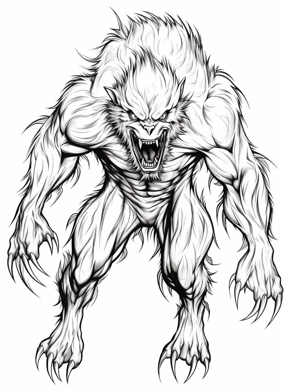 Halloween Scary Werewolf Coloring Book Page Image for Adults. Black and ...