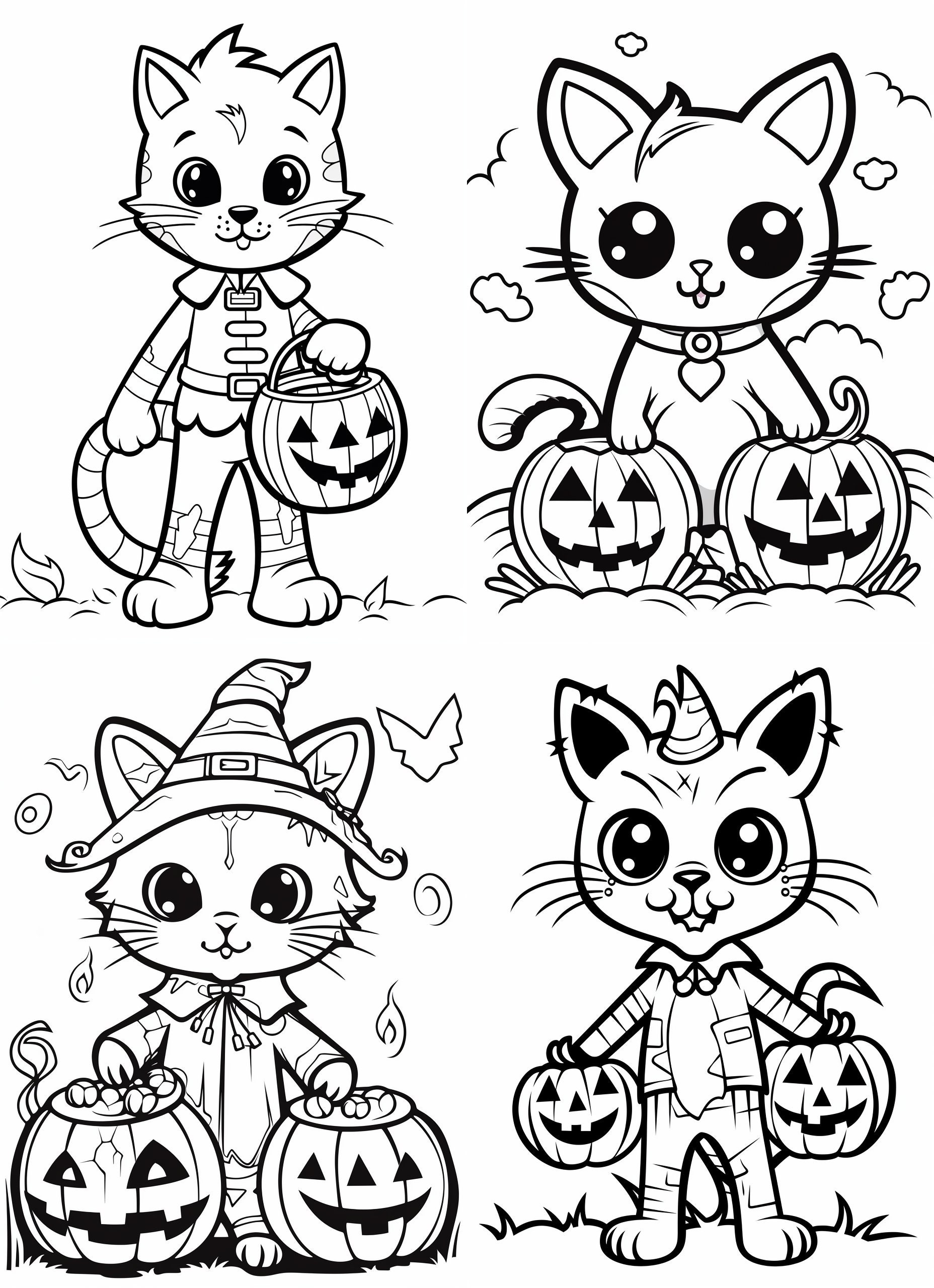 4 Happy Halloween Kittens Coloring Book Page Images for Kids, Students ...
