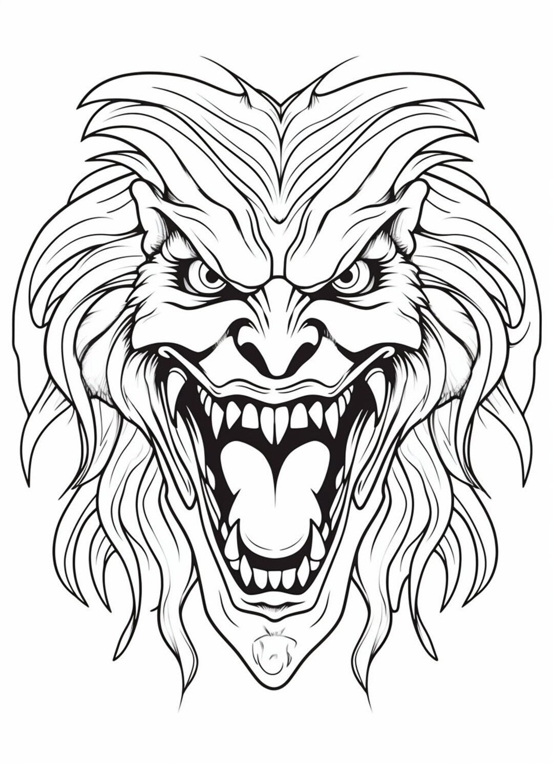 Halloween Scary Werewolf Coloring Book Page Image for Adults. Black and ...