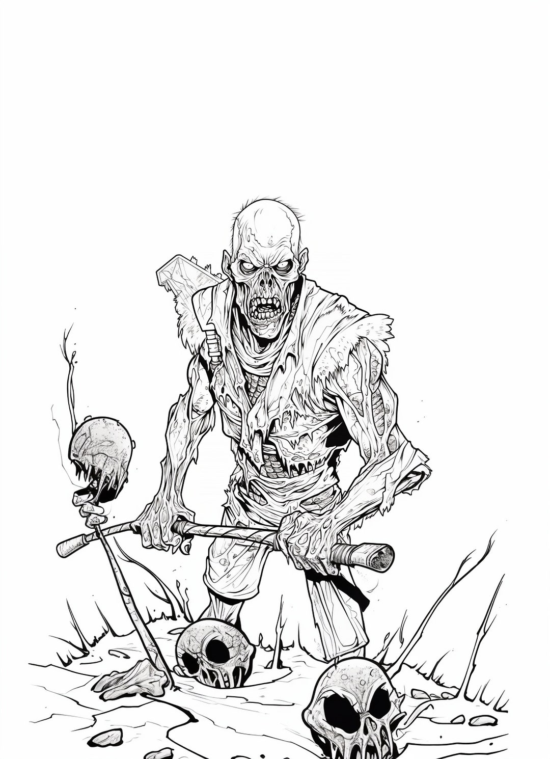 Halloween Scary Zombie Coloring Book Page Image for Adults. Black and ...