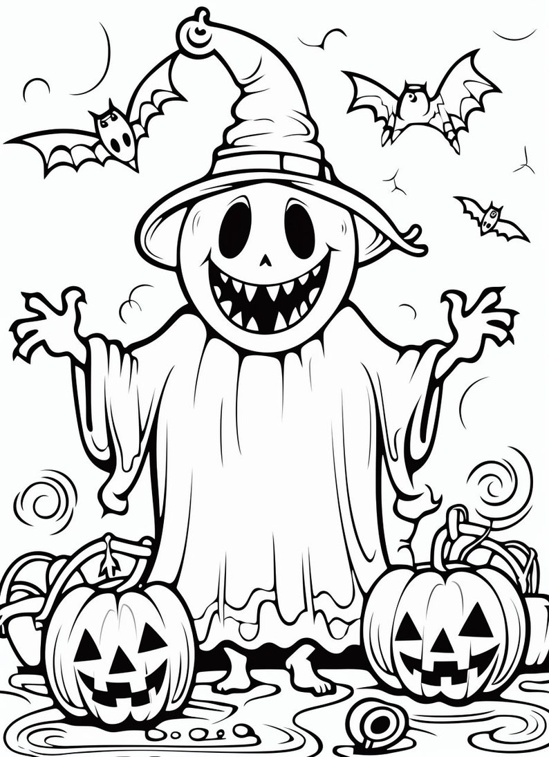Happy Halloween Ghost With Pumpkins Coloring Book Page Image for Kids ...