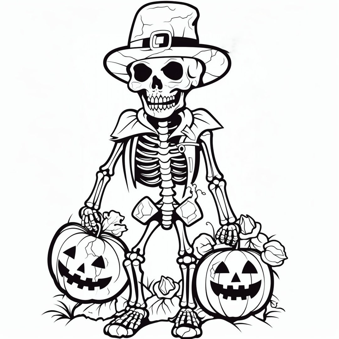 Happy Halloween Skeleton Coloring Book Page Image for Kids, Students or ...