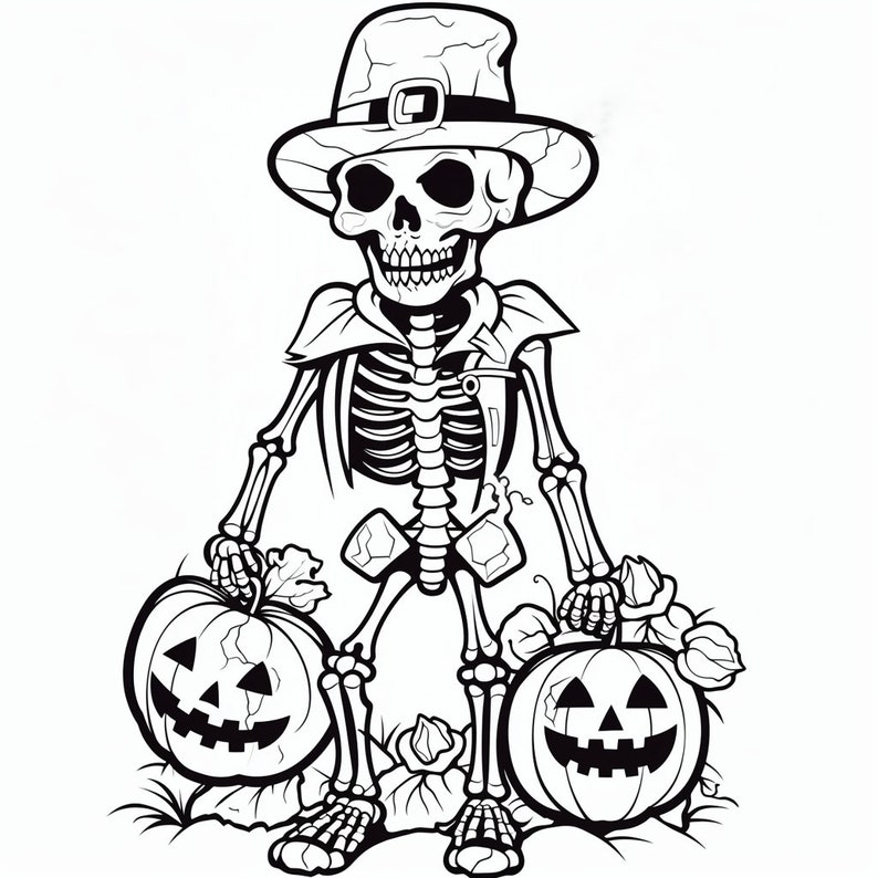 Happy Halloween Skeleton Coloring Book Page Image for Kids, Students or ...