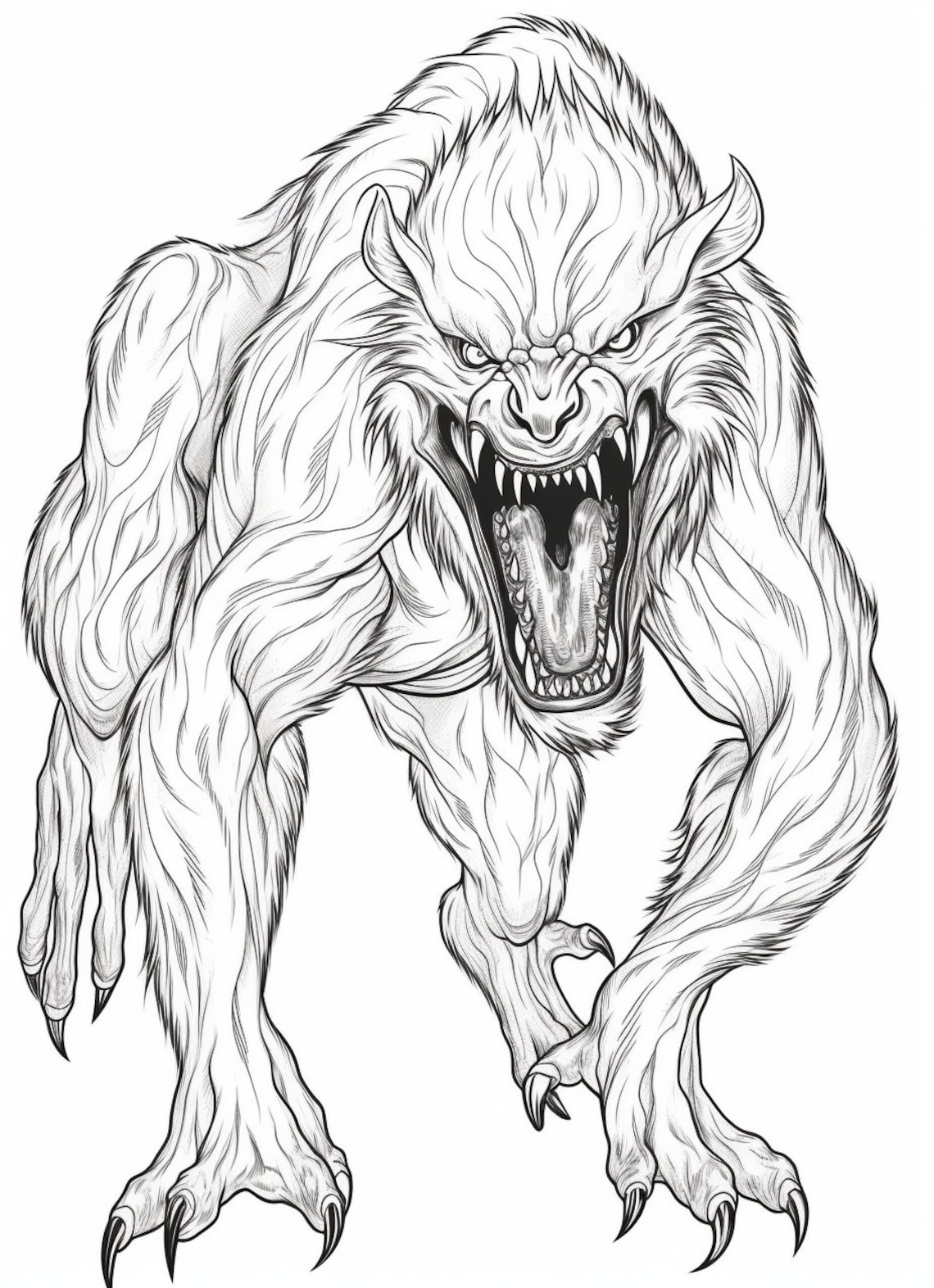 Halloween Scary Werewolf Coloring Book Page Image for Adults. Black and ...