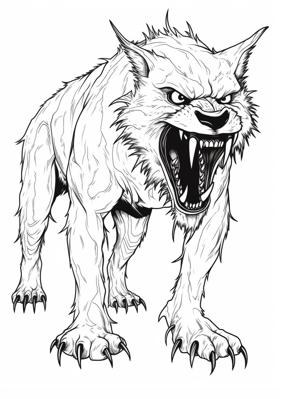Halloween Scary Werewolf Coloring Book Page Image for Adults. Black and ...