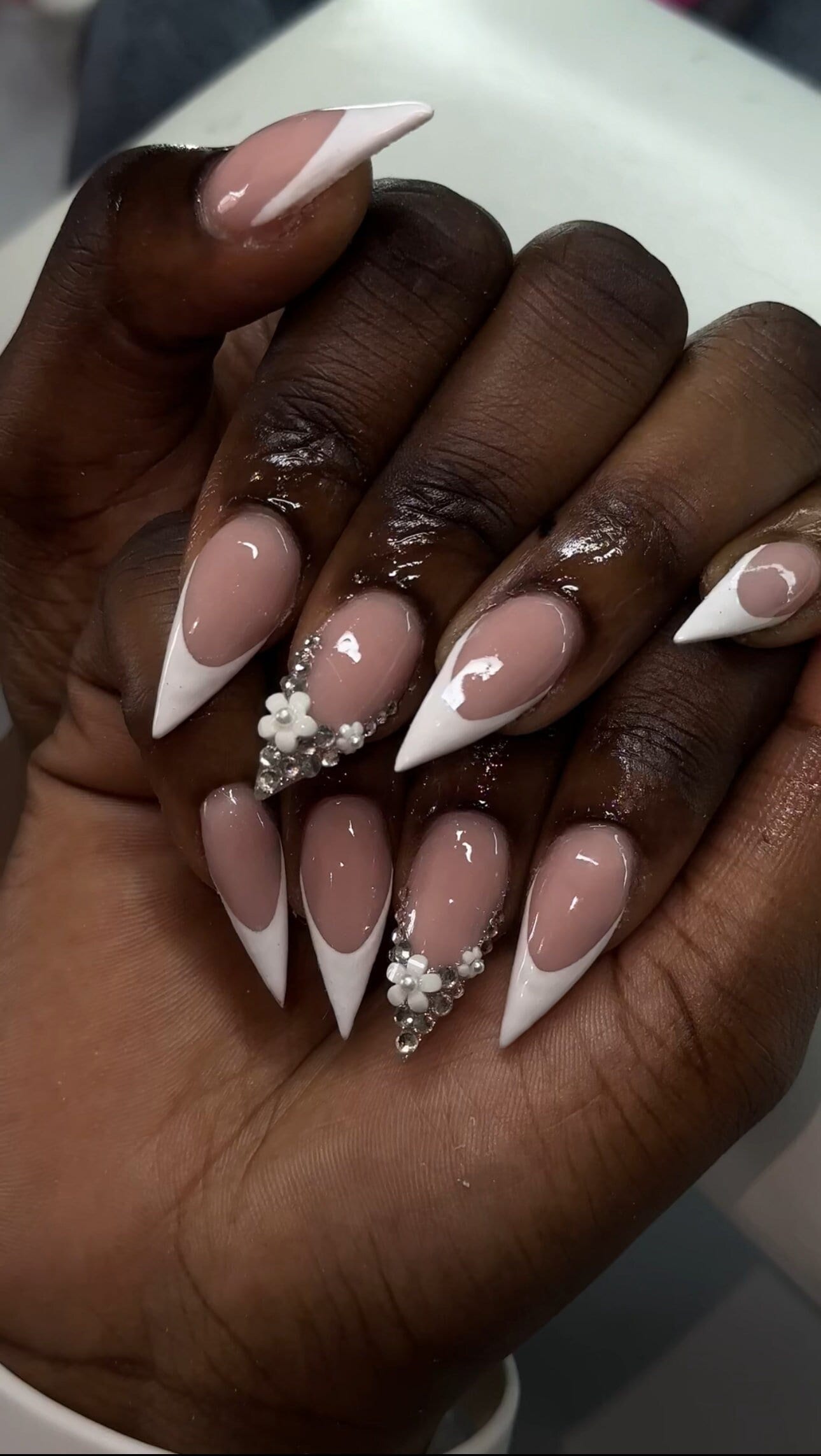French Tips Stiletto Nails With Flowers Rhinestone Accents Elegant Nail Set Floral Stiletto Nails Etsy