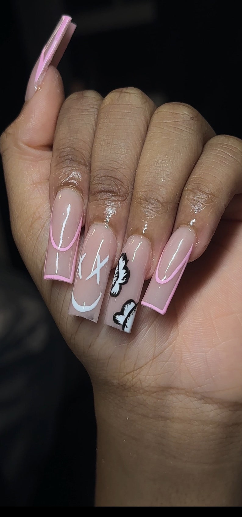 Pink Kaws Nails Set, Acrylic Nail Art, Cute Nail Designs, Nail ...