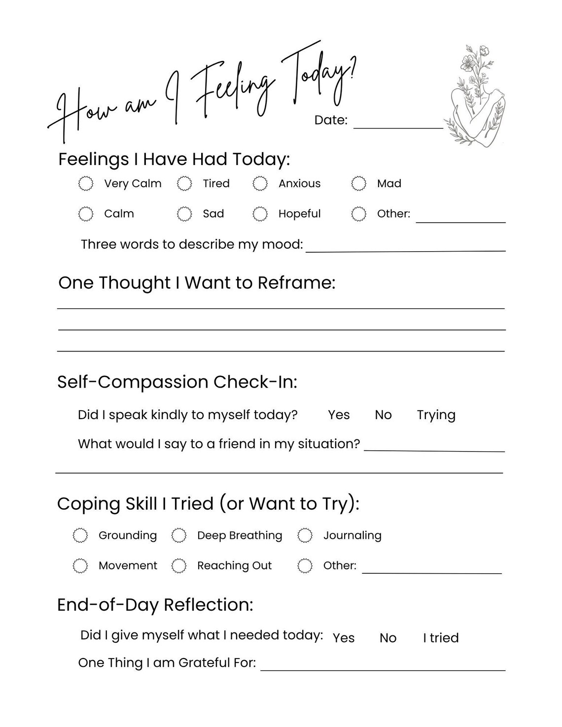 Daily Check in I Printable Self-care Mental Health Tracker | PDF ...
