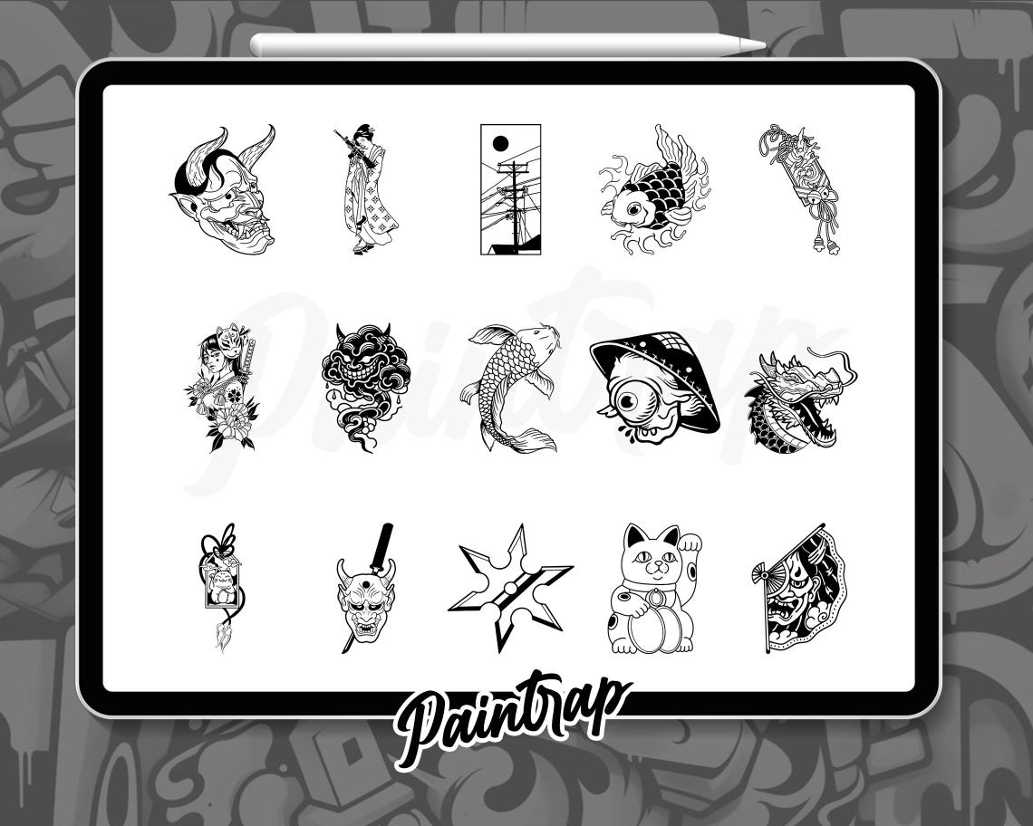 Japanese Flash Tattoo Stamps for Procreate - 100 Japan Style Stencil ...
