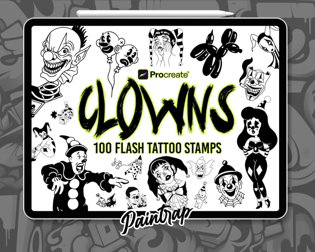 Clown Flash Tattoo Procreate Stamps - 100 Clowns Circus Halloween ...