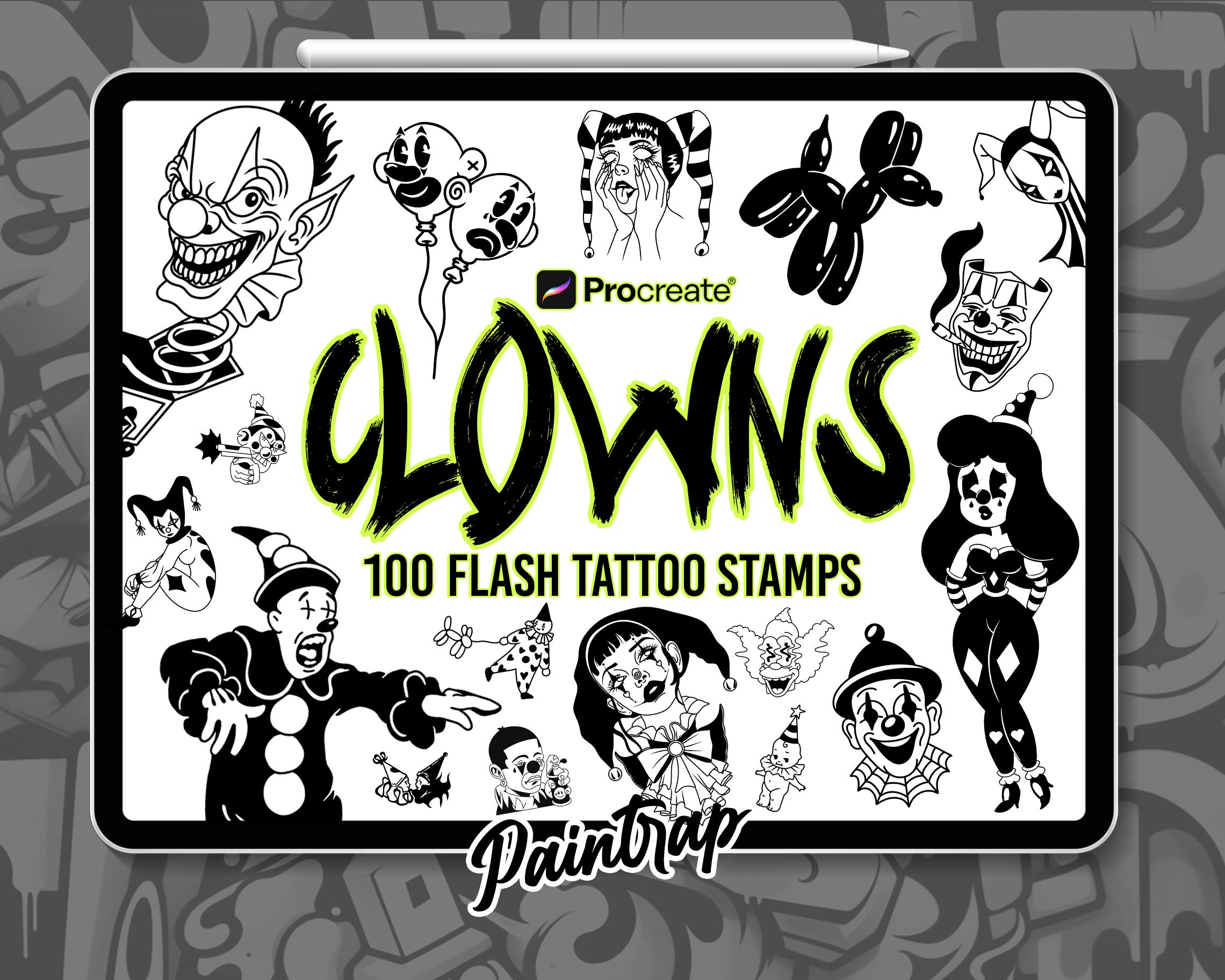 Clown Flash Tattoo Procreate Stamps - 100 Clowns Circus Halloween ...