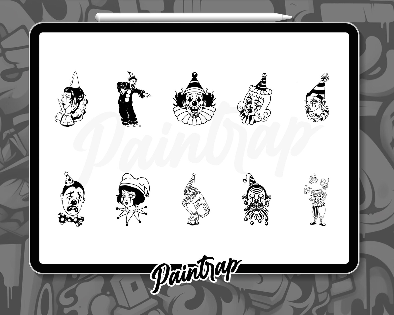 Clown Flash Tattoo Procreate Stamps - 100 Clowns Circus Halloween ...