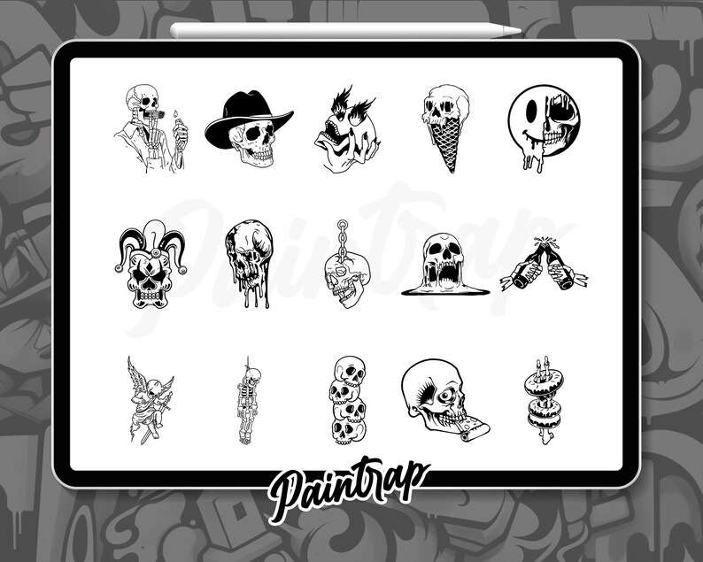 Bones Skull Skeleton Flash Tattoo Stamps for Procreate - 100 Bone Skull ...