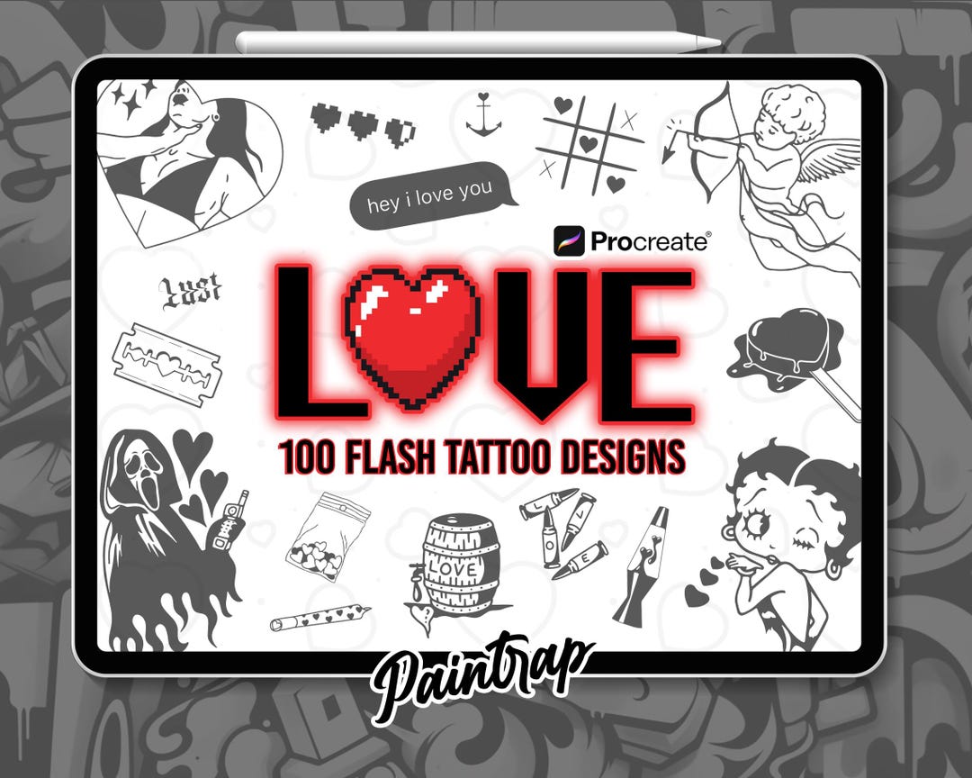 Love Flash Tattoo Stamps for Procreate - 100 Love Valentines Flash ...