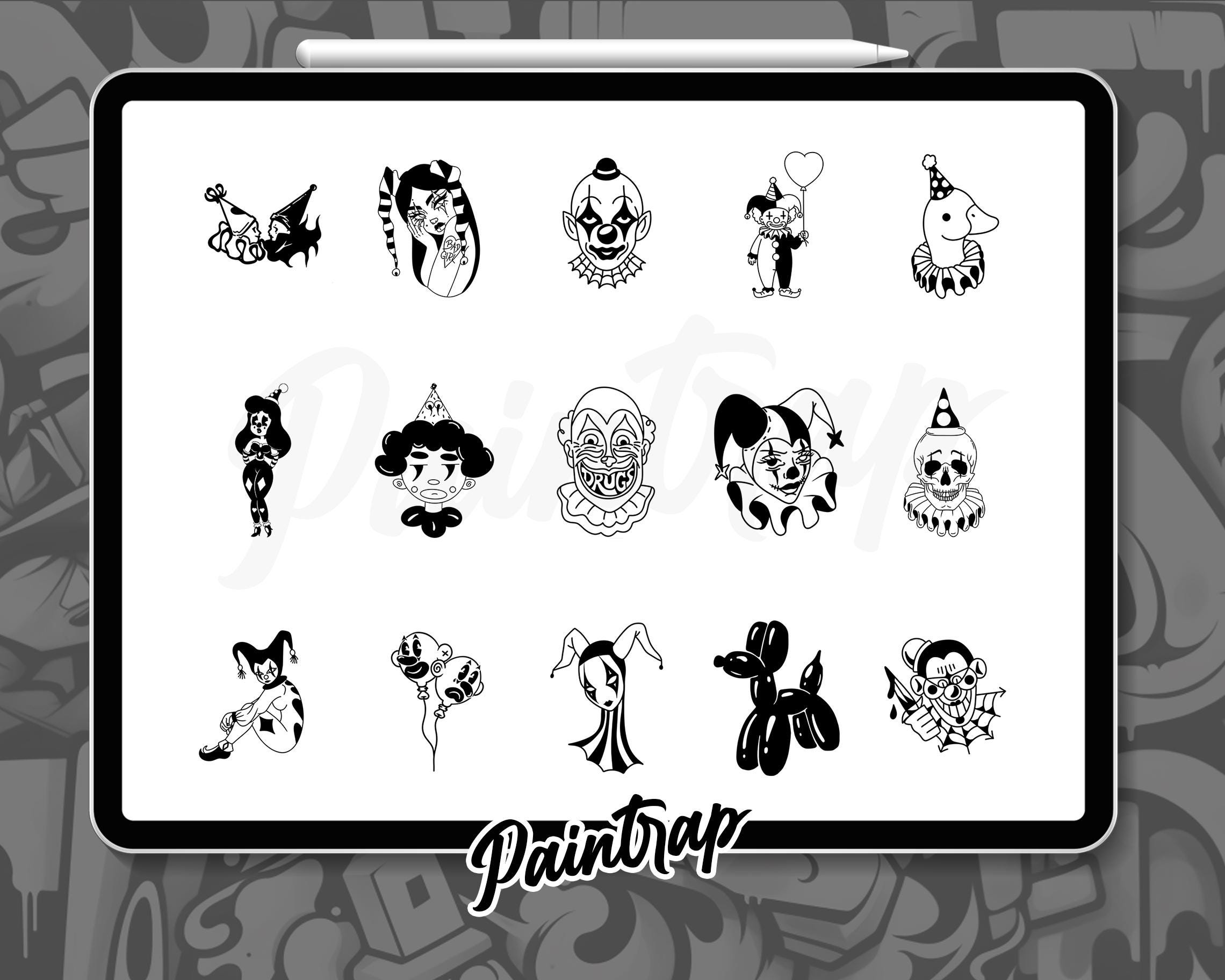 Clown Flash Tattoo Procreate Stamps - 100 Clowns Circus Halloween ...