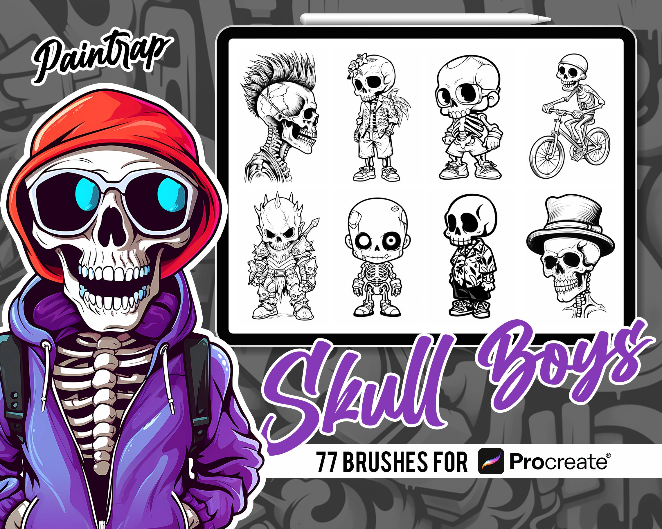 Skull Boys Stamp Brushes for Procreate 77 Skull Skeleton Stamp Brushes Pack Instant Digital ...