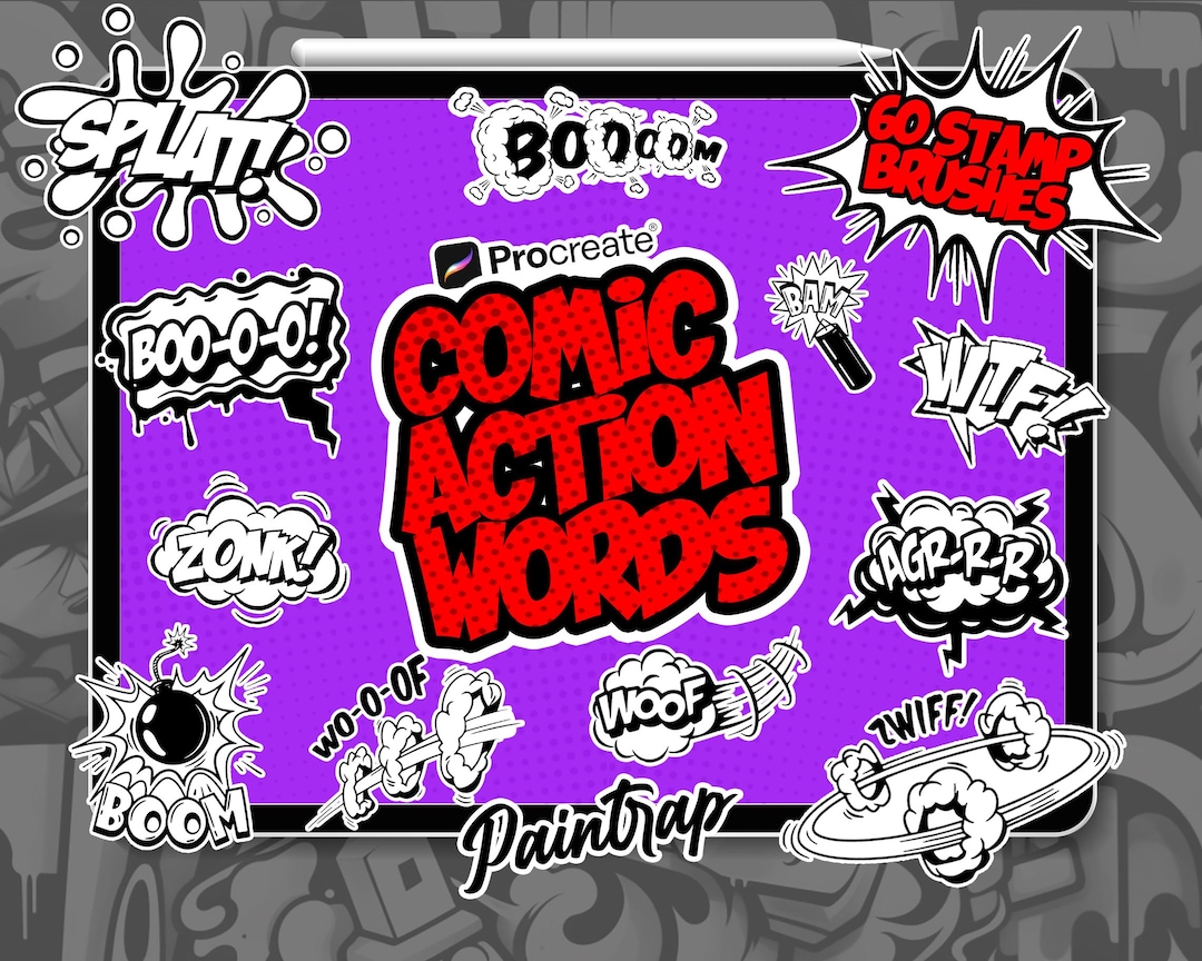 Comic Action Words Stamp Brushes for Procreate - 60 Comic Action Clouds ...