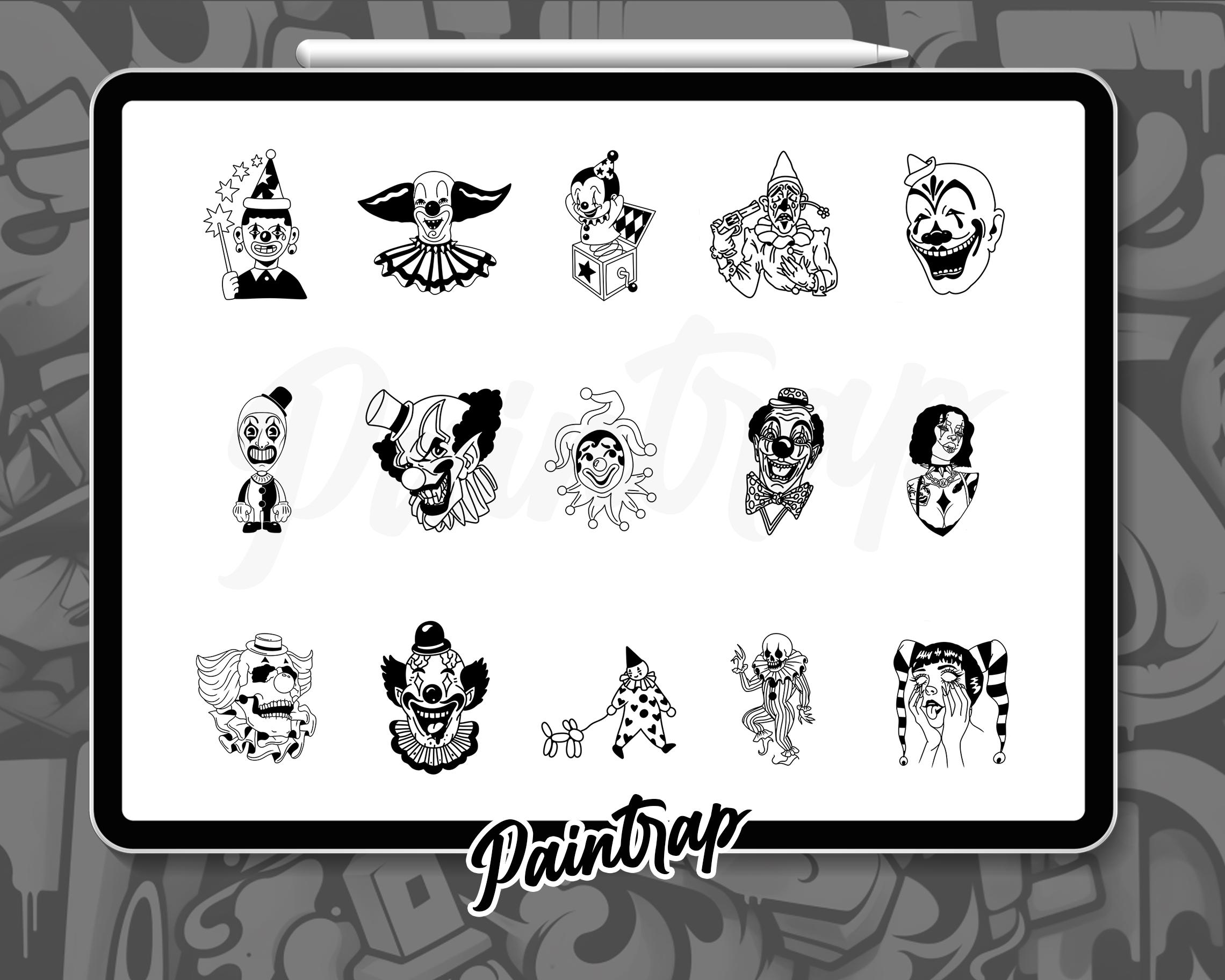 Clown Flash Tattoo Procreate Stamps - 100 Clowns Circus Halloween ...