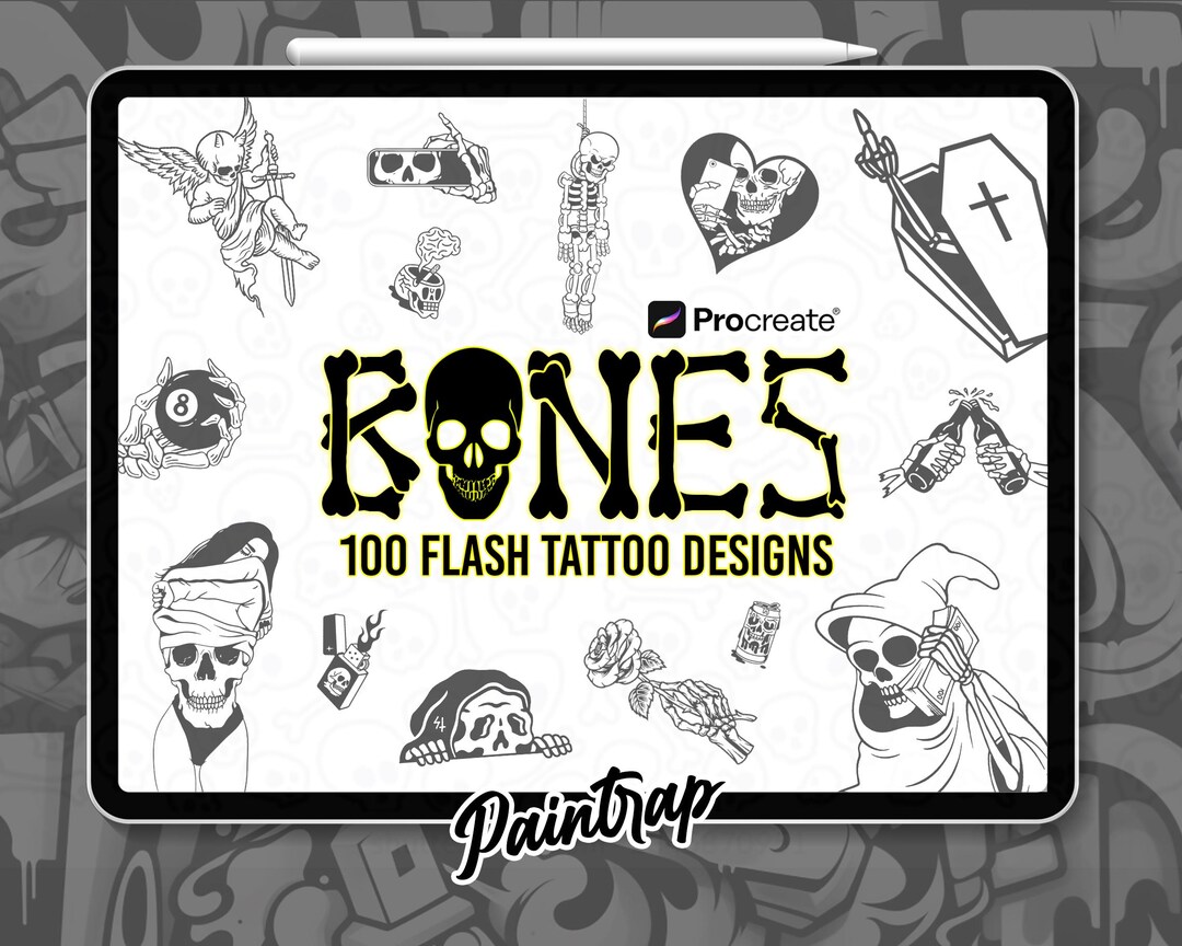 Bones Skull Skeleton Flash Tattoo Stamps for Procreate - 100 Bone Skull ...