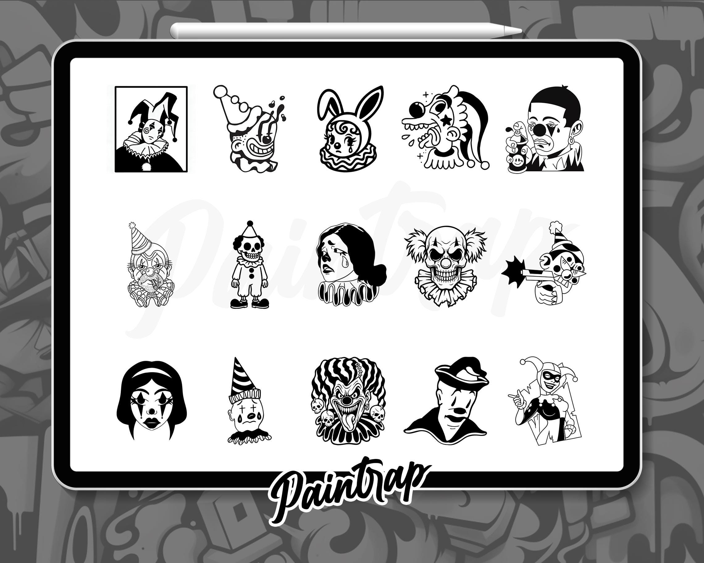 Clown Flash Tattoo Procreate Stamps - 100 Clowns Circus Halloween ...