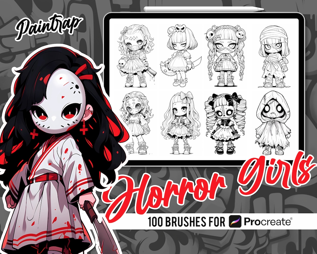 Anime Chibi Horror Girls Stamp Brushes for Procreate - 100 Horror ...