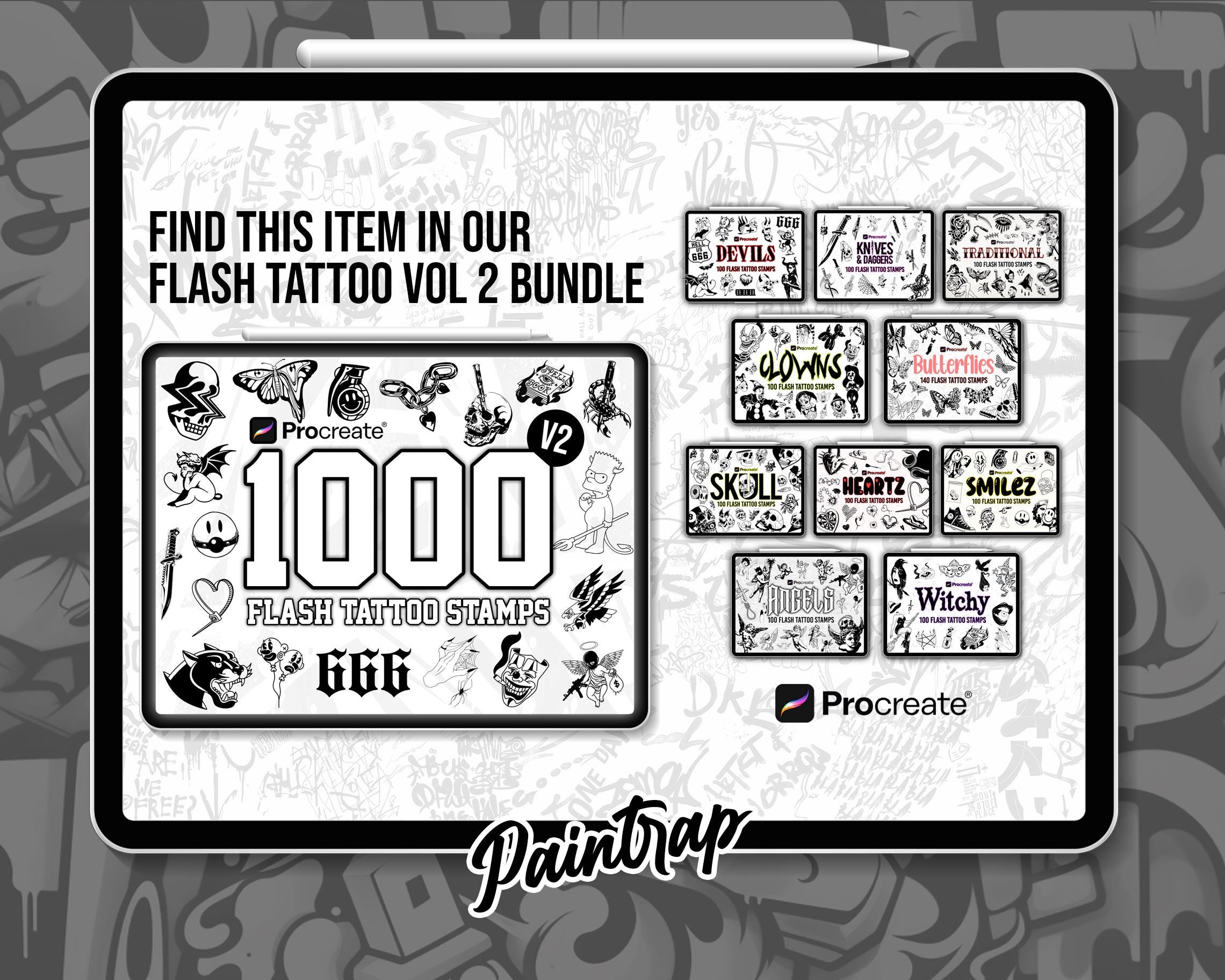 Clown Flash Tattoo Procreate Stamps - 100 Clowns Circus Halloween ...