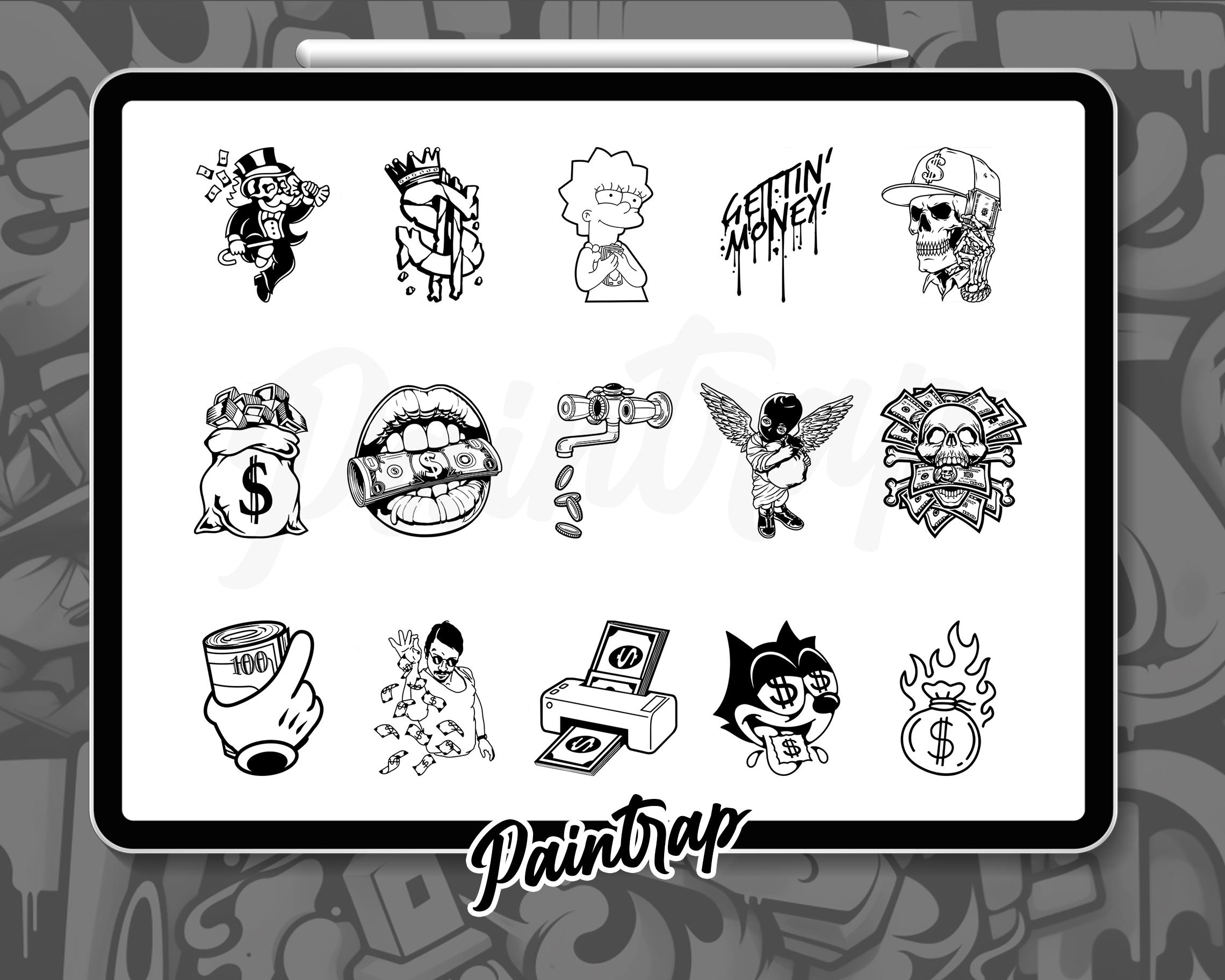 Cash Money Hustle Flash Tattoo Stamps for Procreate - 100 Money Cash ...