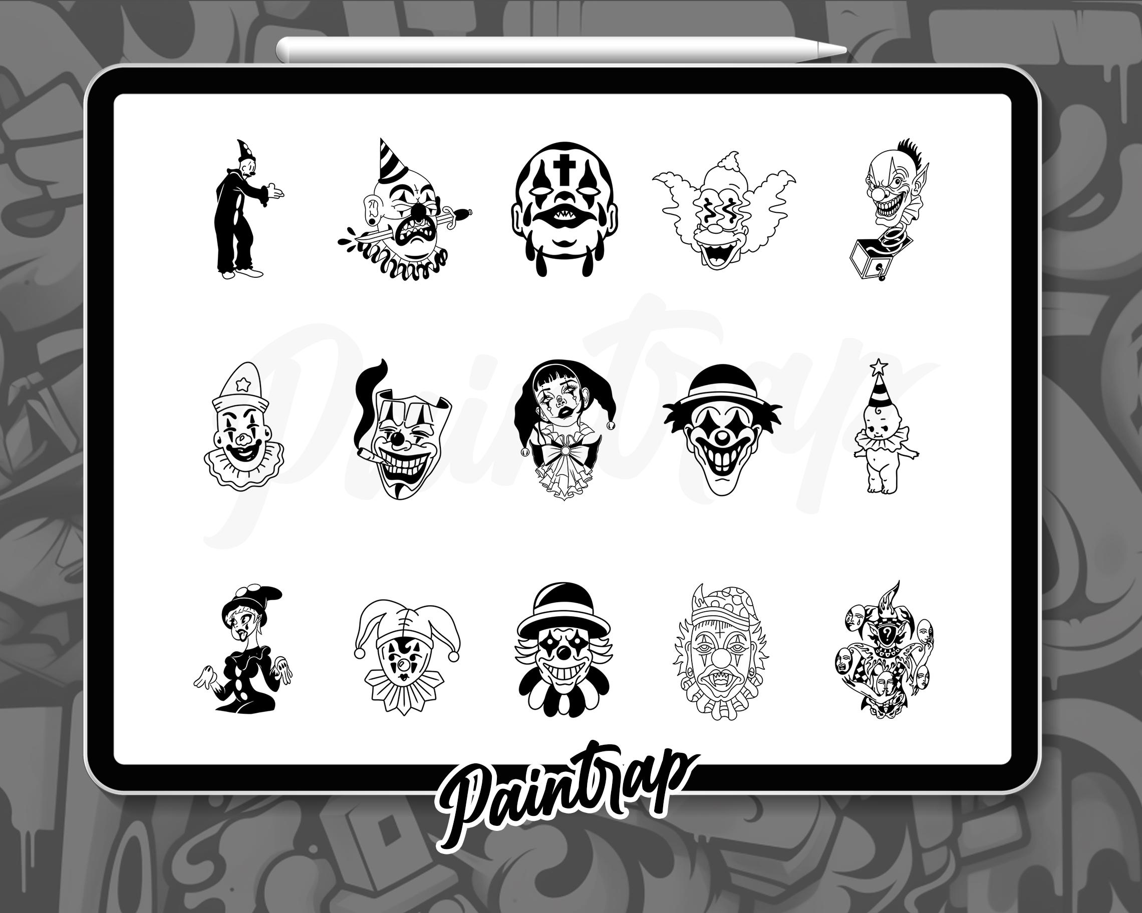 Clown Flash Tattoo Procreate Stamps - 100 Clowns Circus Halloween ...