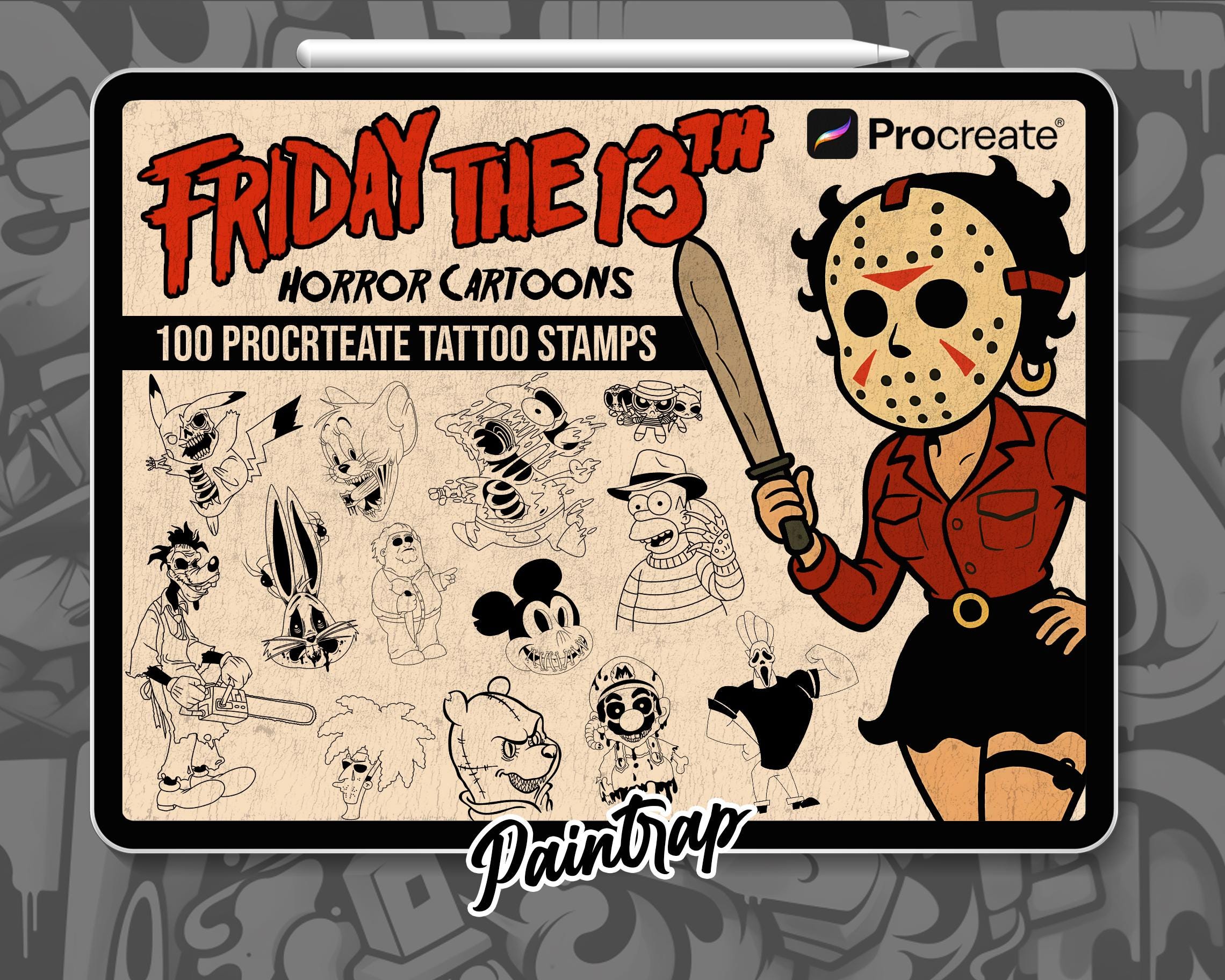 Friday the 13th Cartoons Tattoo Procreate Stamps - 100 Horror Cartoon ...