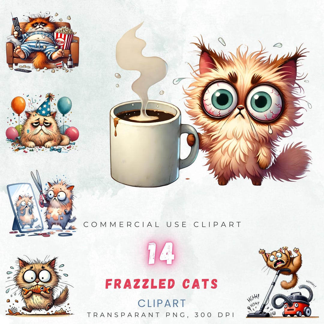 Frazzled Cats Clipart Set, Funny Cat PNG Bundle, Cute Exhausted Kitten ...