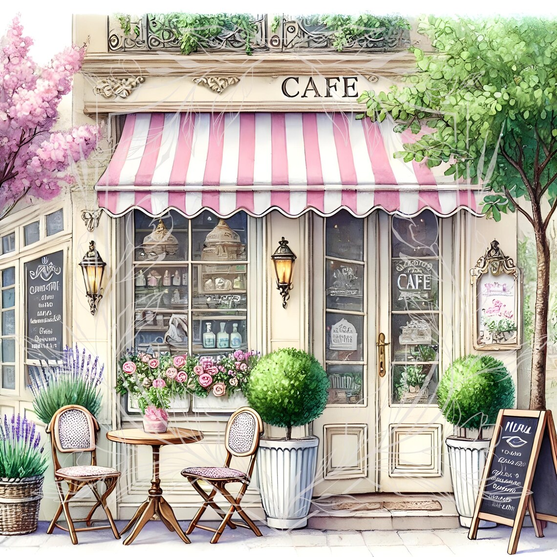 Vintage French Cafe Art Print, Shabby Chic Pastel Illustration (digital ...