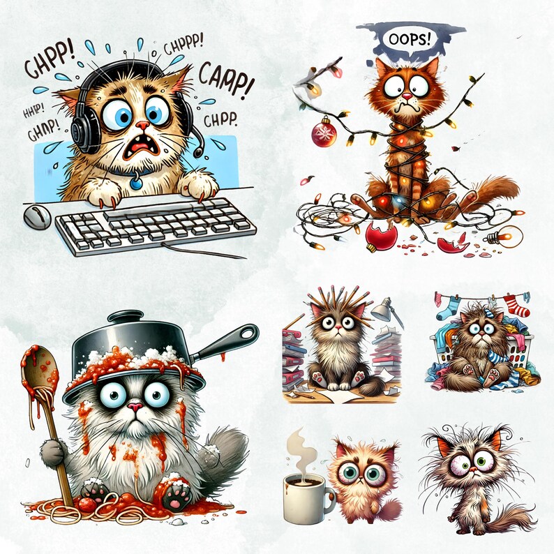 Frazzled Cats Clipart Set, Funny Cat PNG Bundle, Cute Exhausted Kitten ...