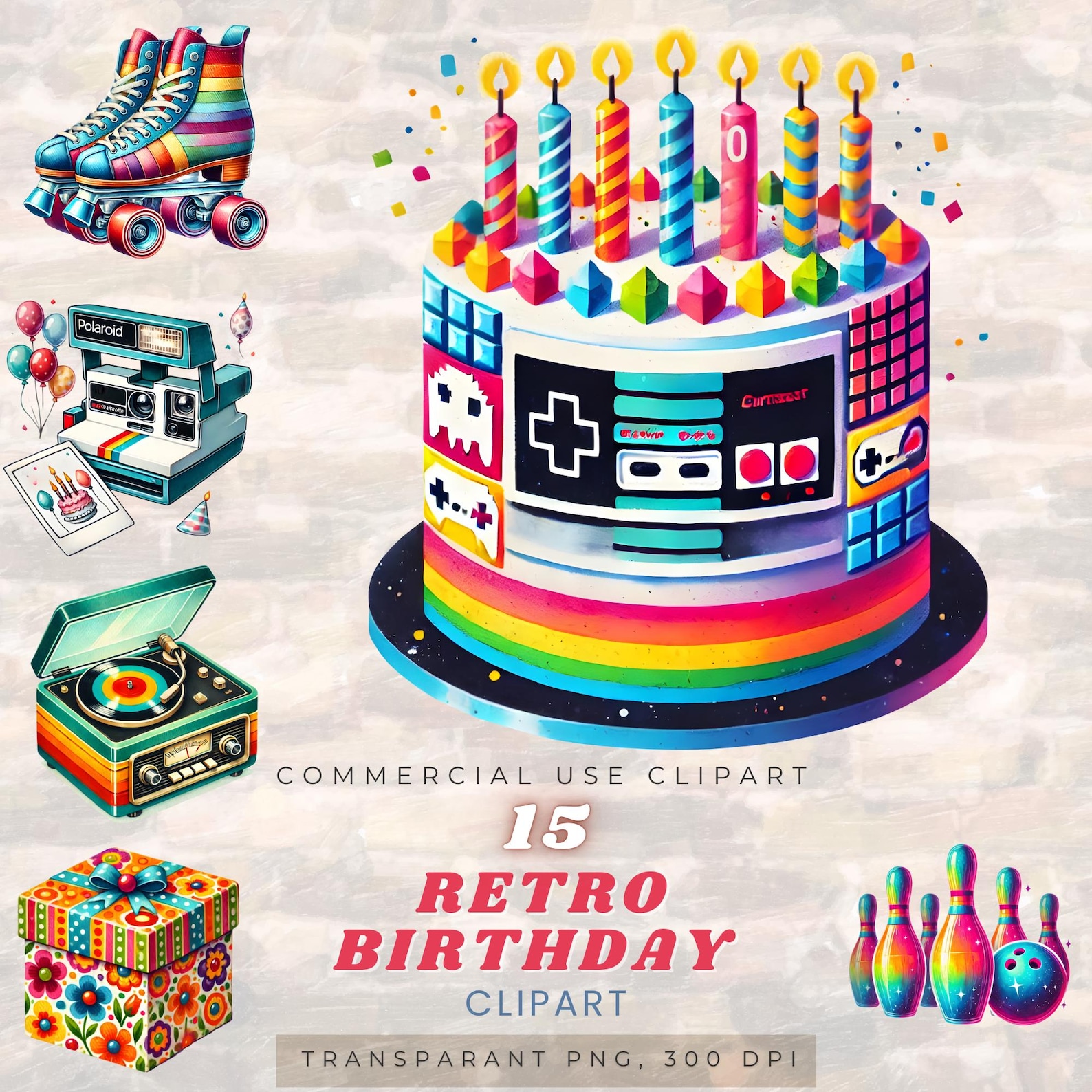 Retro Birthday Clipart Bundle – 80s 90s Nostalgia, 15 PNG Files ...