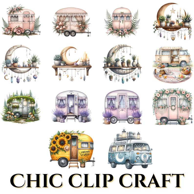 70 Whimsy Camping Van Clipart Bundle | Boho Camper Van Pngs With Floral ...
