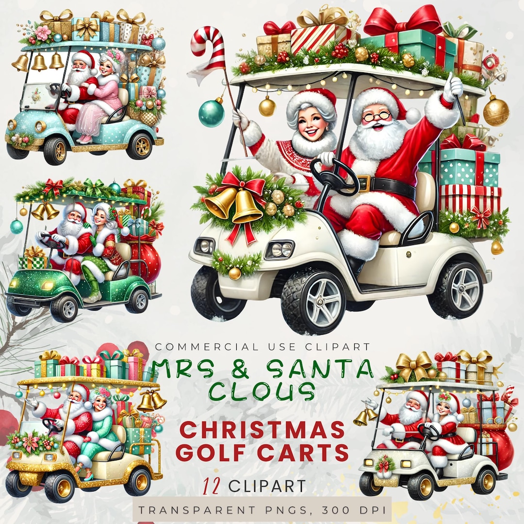 Mrs and Santa Claus Christmas Golf Cart Clipart Bundle – Festive ...