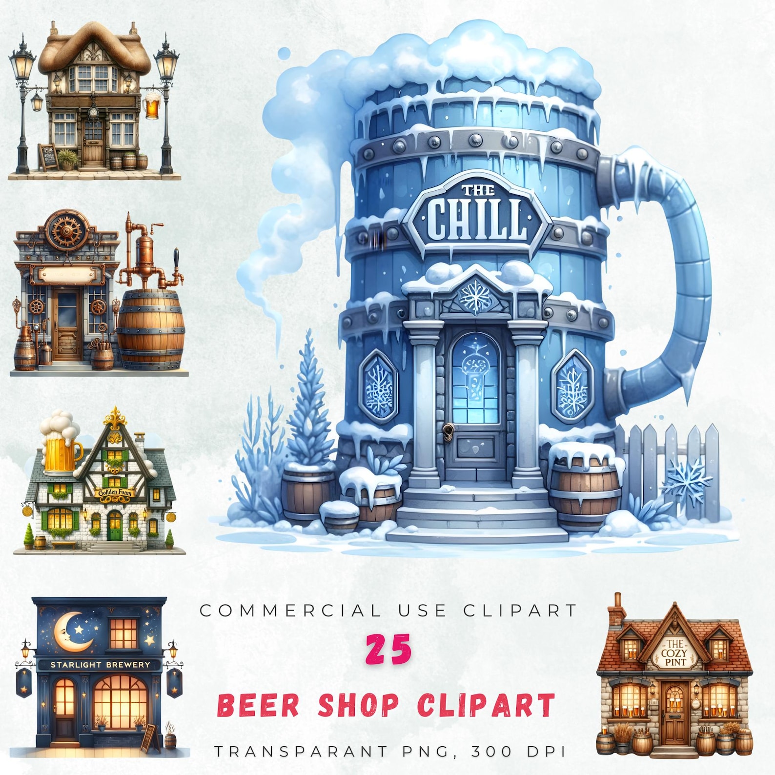 25 Beer Shop Clipart PNG Bundle | Cozy Brewery Bar Illustration Set ...