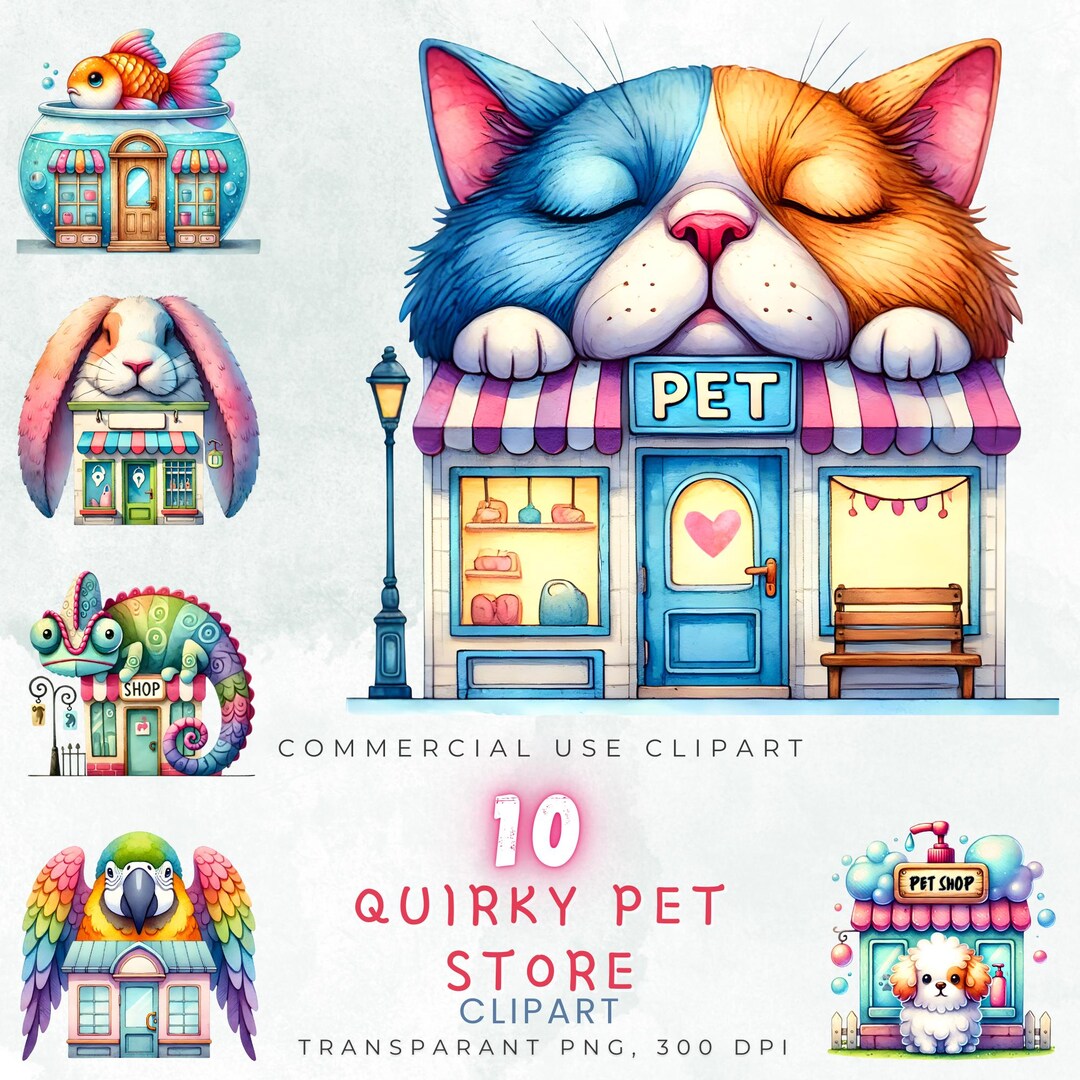 Watercolor Pet Store Clipart, Cute Animal Shop PNG (digital Download ...