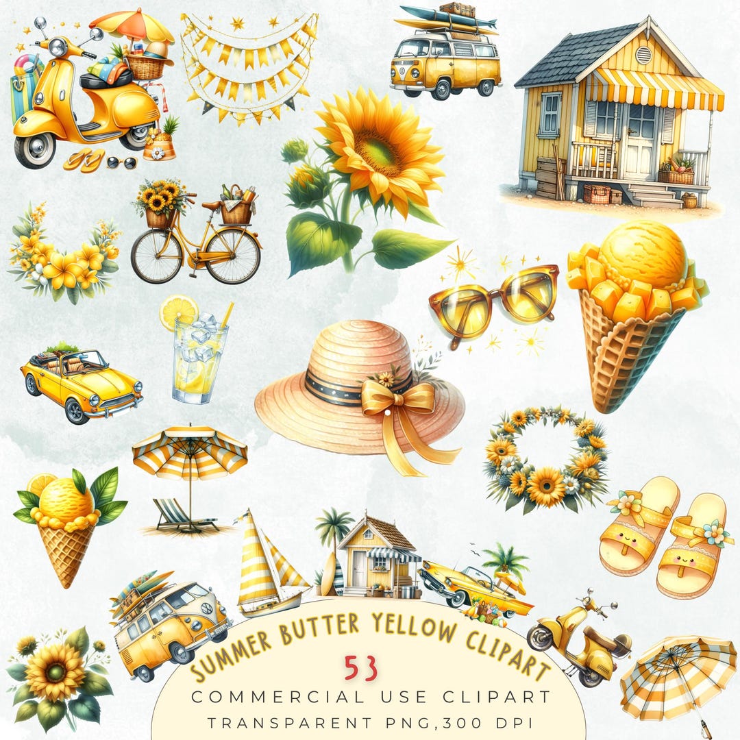 Bright Yellow Summer Elements Clipart Instant Download - Etsy