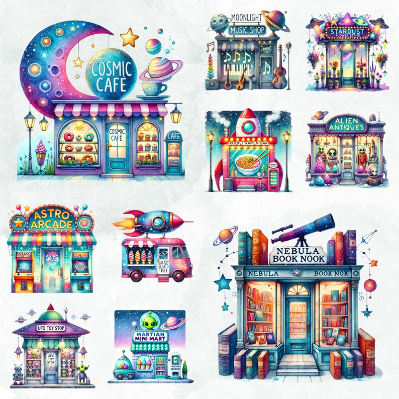 Colorful Space Shop Clipart Bundle With Cosmic Café, Rocket Ramen Bar ...