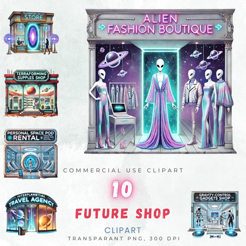 Futuristic Shop Clipart Set, Sci Fi Store PNG, Alien Fashion Boutique ...