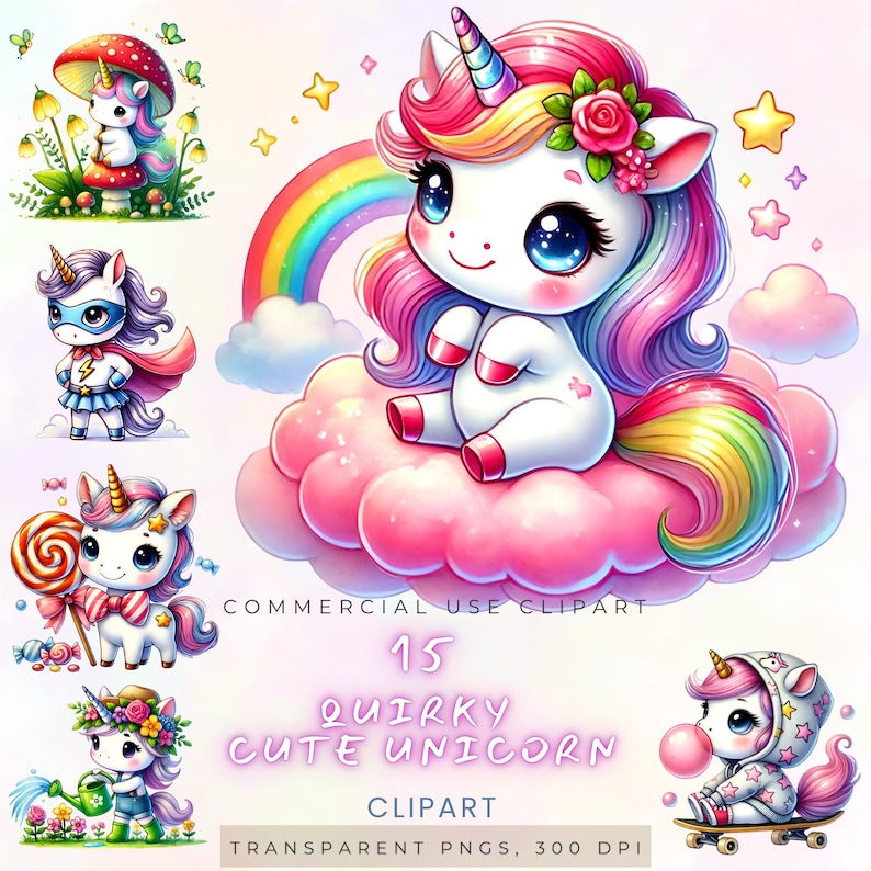 Kawaii Watercolor Rainbow Unicorn Clipart, Unicornrainbow, Unicorn ...