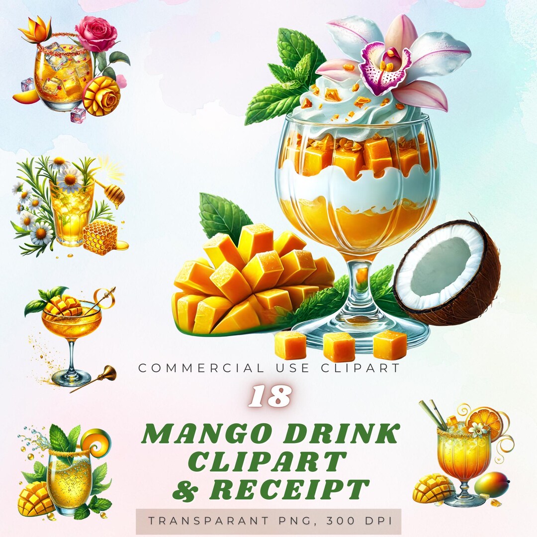 18 Mango Drink Clipart With Tropical Garnishes, Transparent PNG 300 DPI ...