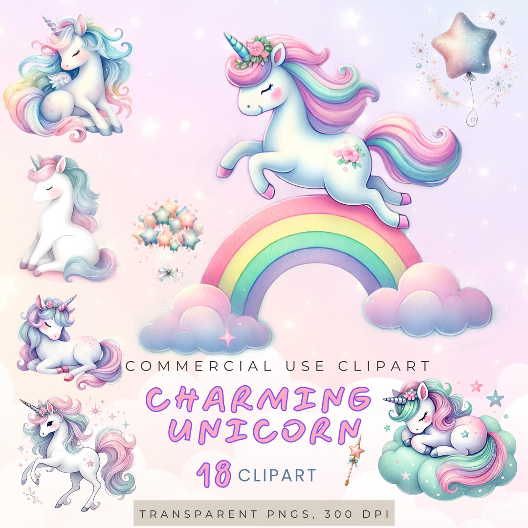 Magical Unicorn Clipart Set – 18 Hand-drawn Pastel Unicorns, Rainbow ...
