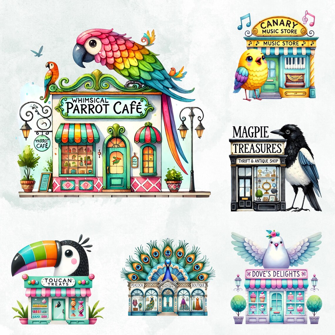 Bird Store Clipart Set, Quirky Bird Shop PNG, Cute Birdhouse Shop ...