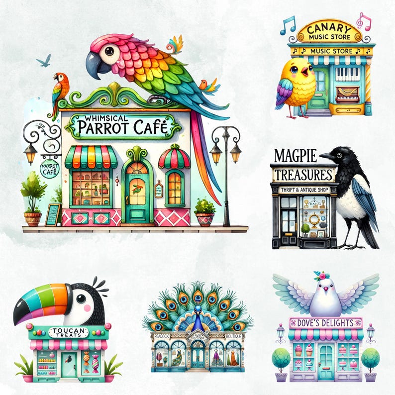 Bird Store Clipart Set, Whimsical Birdhouse PNG (12 High-res Files) - Etsy